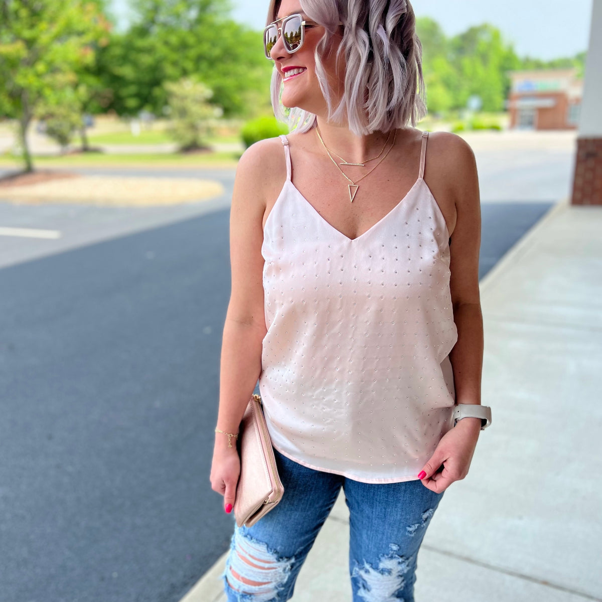 Kameron Satin Studded Tank Blouse in Blush FINAL SALE – Madi Savvy Boutique